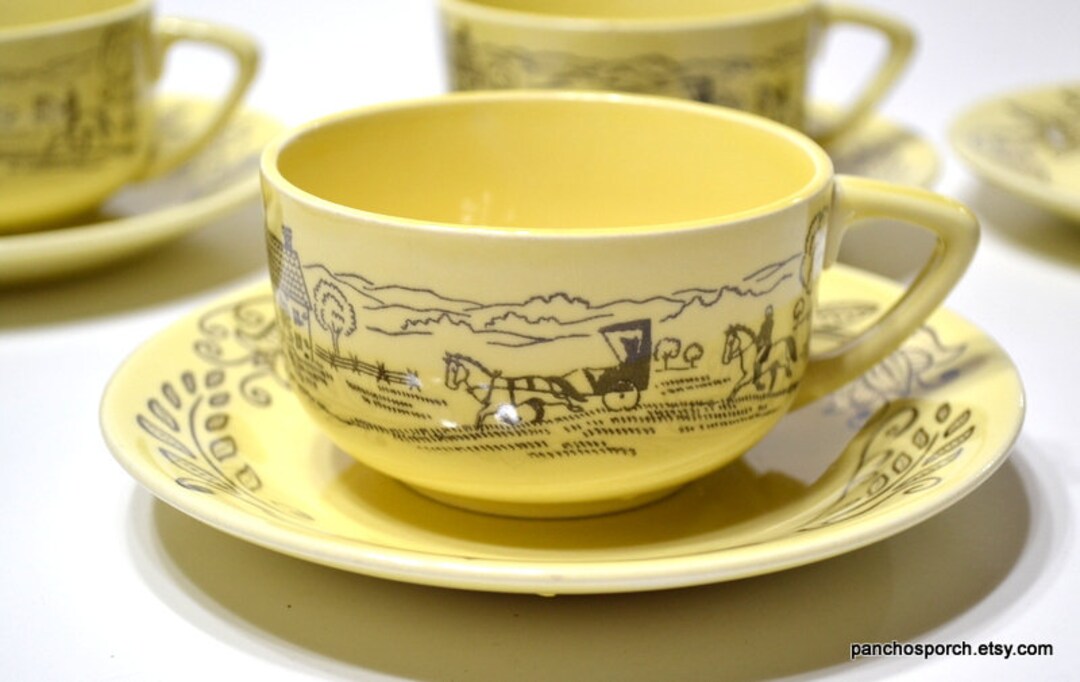 Vintage BUCKS COUNTY Cup and Saucer Set of 4 Yellow Brown Farm Scene ...