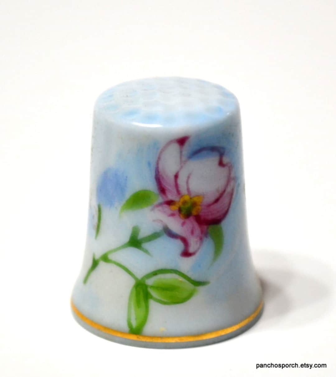 Vintage Porcelain Thimble Floral Flower Blue Pink Hand Painted Made in ...