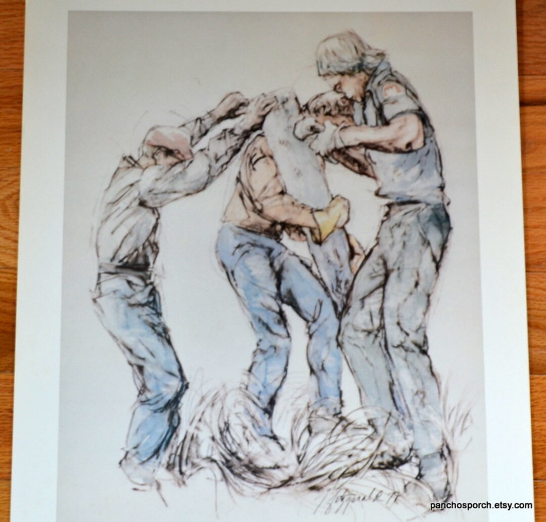 Vintage Janet Fitzgerald Print Pulling Post 1979 Working Men Ready to ...