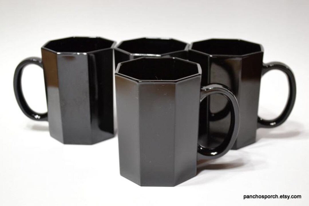 Vintage ARCOROC OCTIME Mug Set of 4 Black Glass Octagonal Shape Coffee ...