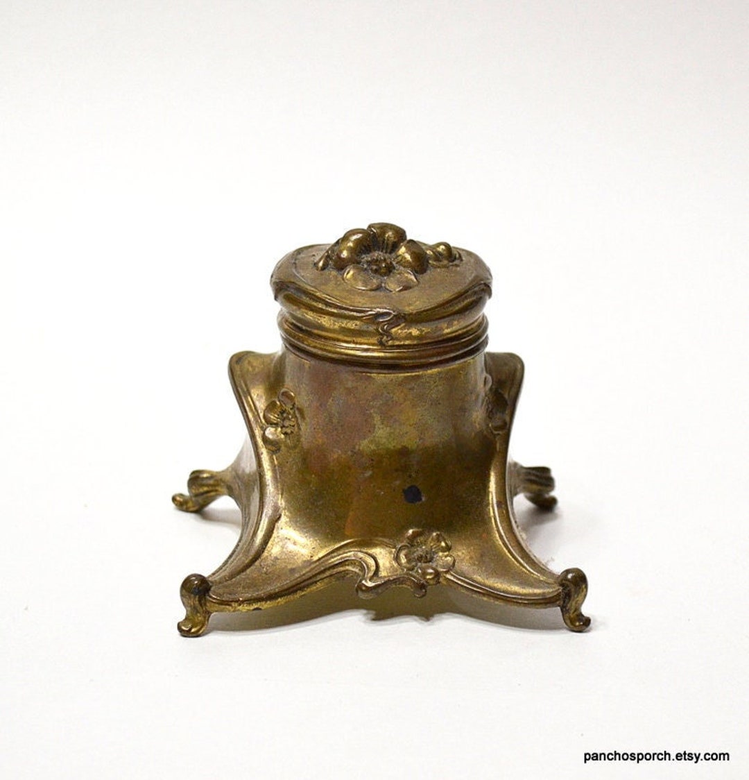 Vintage ART NOUVEAU Inkwell Brass Bronze Gilt Metal Glass Liner ...
