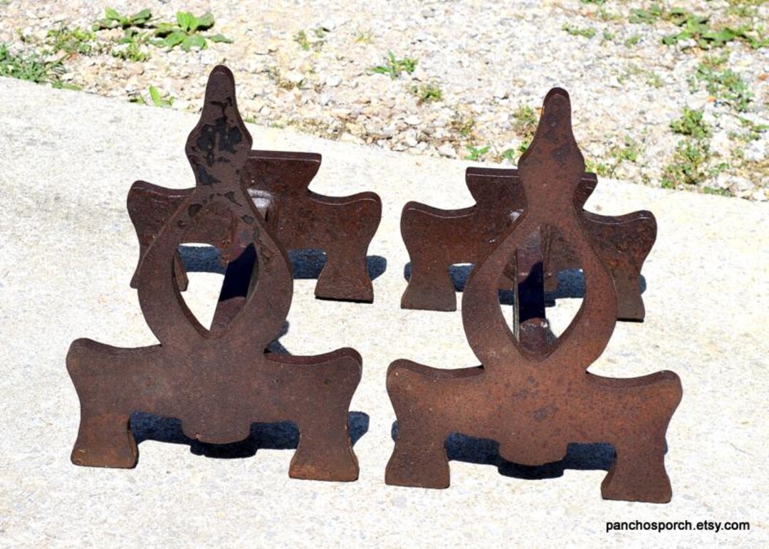 Vintage Cast Iron Fireplace Andirons, Keyhole Style, Rustic Fire Dogs ...