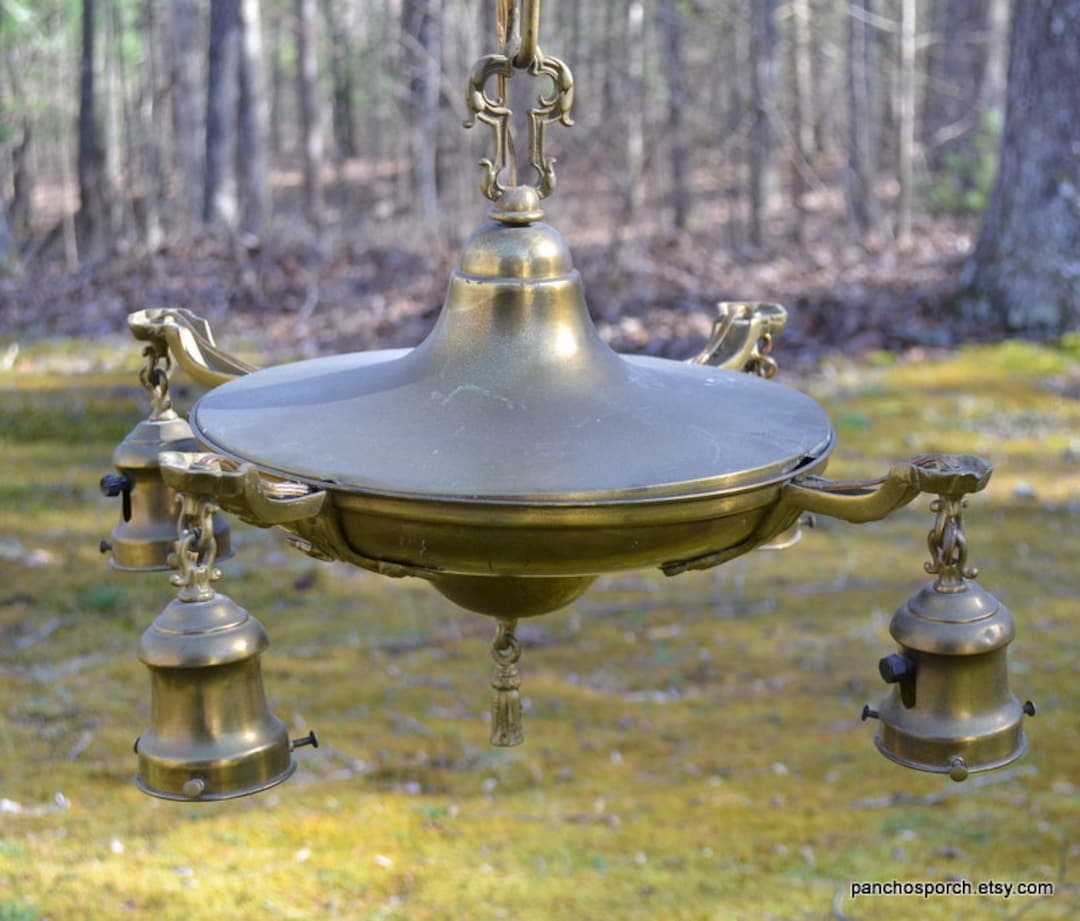 Vintage BRASS Pan Ceiling Light Fixture 4 Arm Hanging Chandelier Period ...