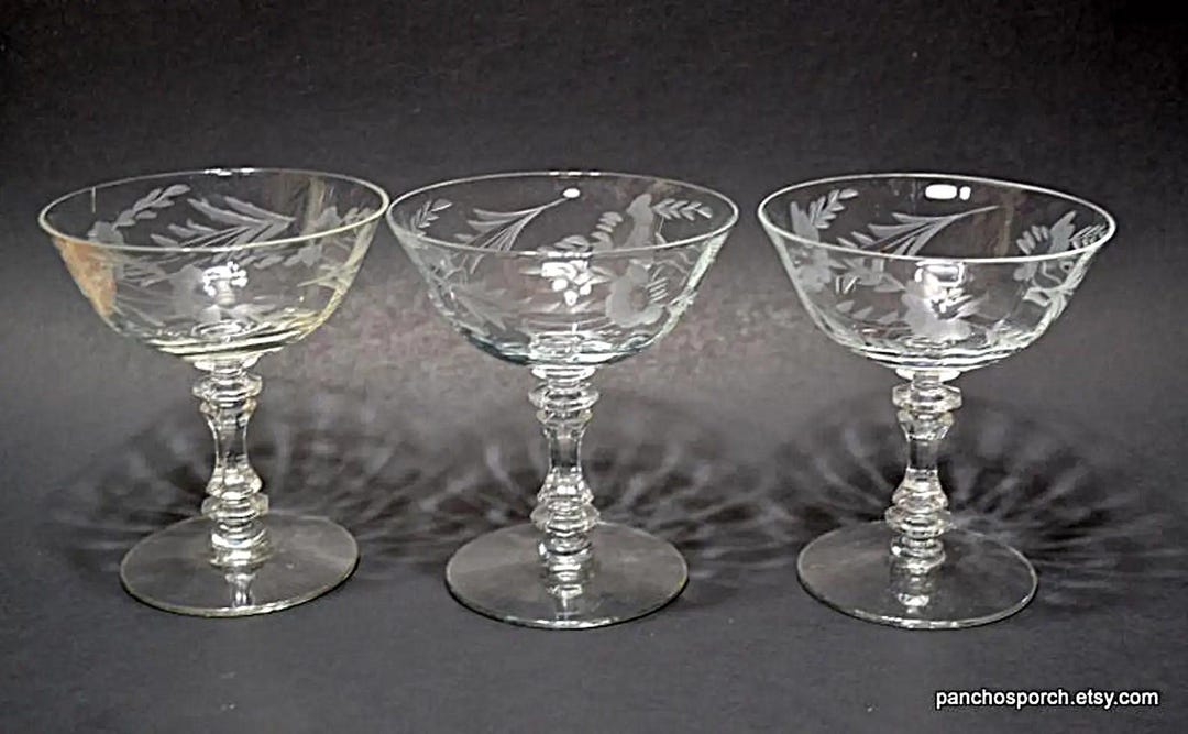 Vintage Etched Crystal Champagne Glass Set of 3 Floral Daisy Pattern Tall Sherbet Elegant ...