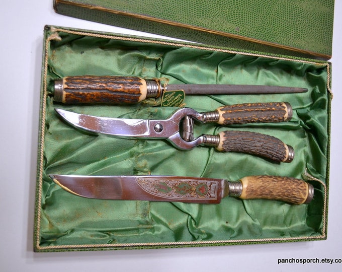 Vintage SOLINGEN Knife Set Antler Handles 3 Pc Carving Knife Sharpener ...
