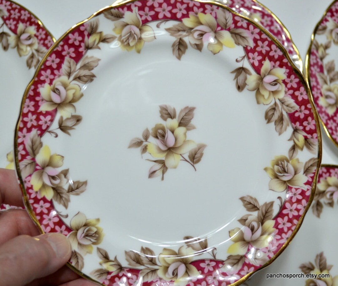 Vintage Arklow Bone China Dessert Plates - Set of 6 Pink Floral Gold ...