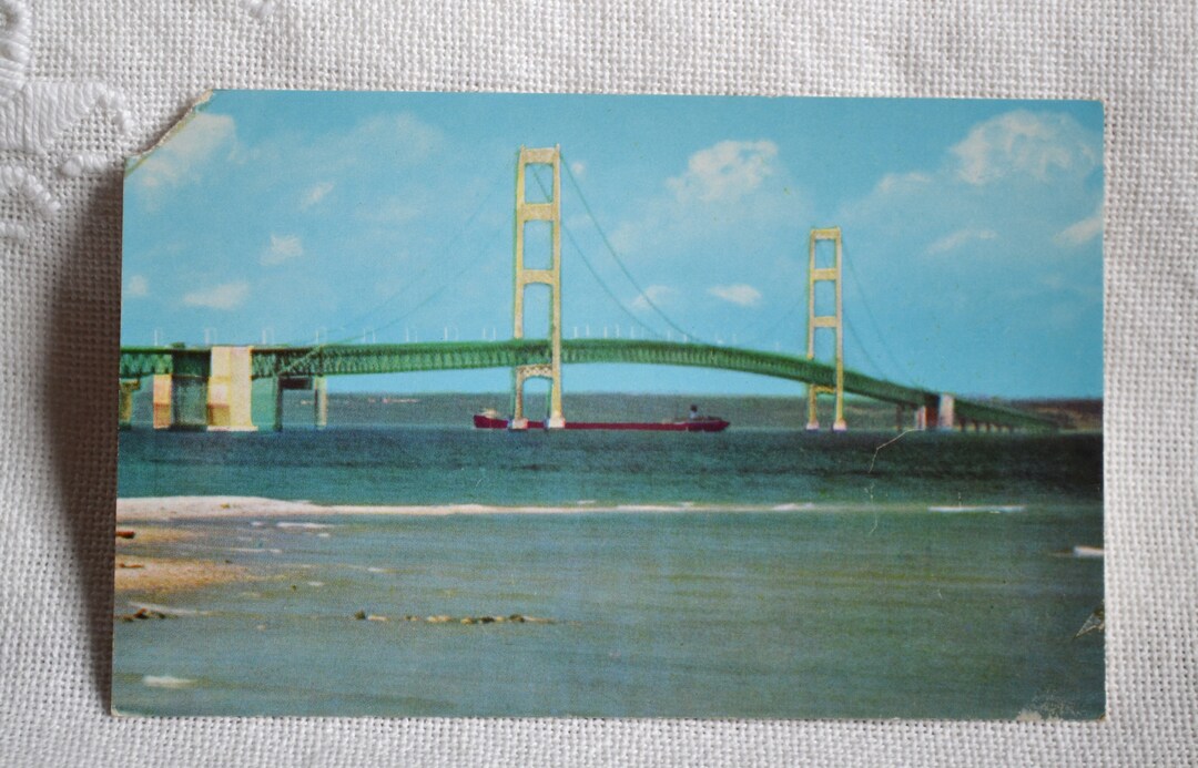 Vintage MICHIGAN Postcard Makinac Bridge Suspension Bridge Road Trip ...