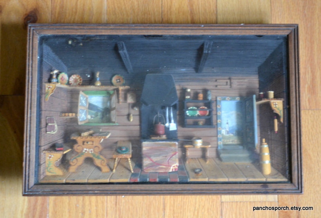 Vintage Diorama Scene Framed Shadow Box Rustic Kitchen Cabin Diorama ...