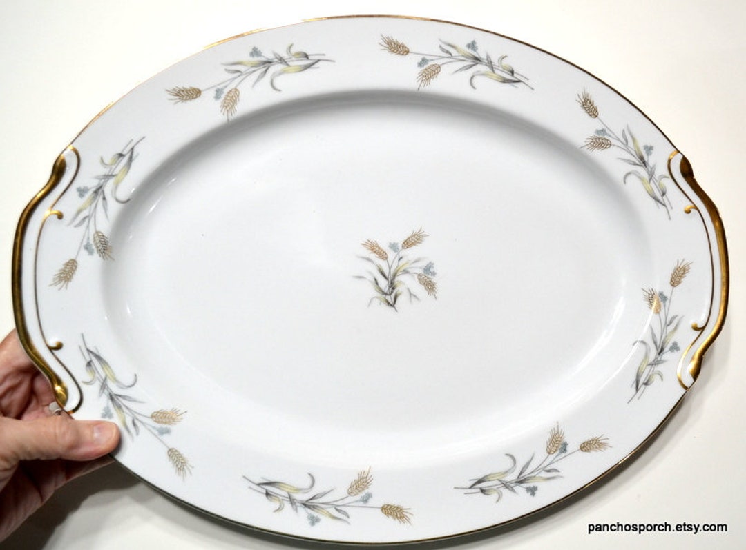 Vintage Gold Wheat Large Oval Serving Platter Gold Gray Blue Wheat ...