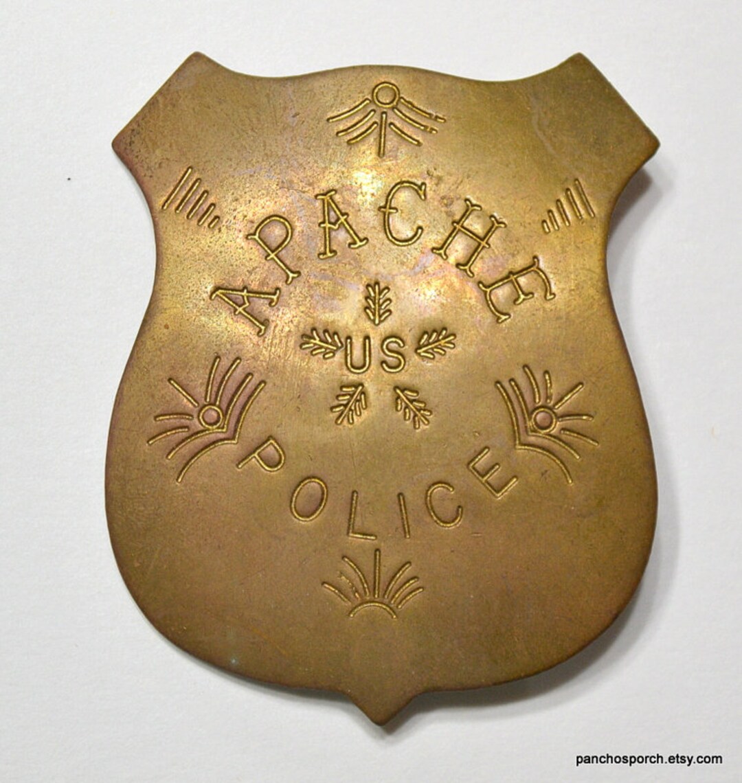 Vintage SOUVENIR Apache Police Shield Badge Aged Brass Pin Back Native ...