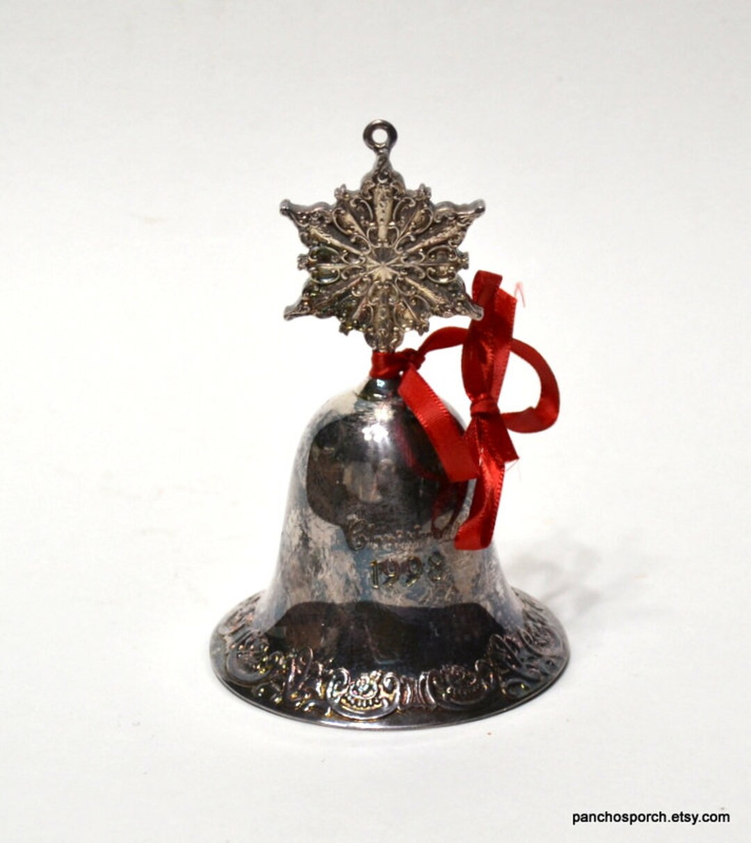 Vintage 1998 SILVER PLATE Bell Snowflake Handle Tarnished Tree Ornament ...