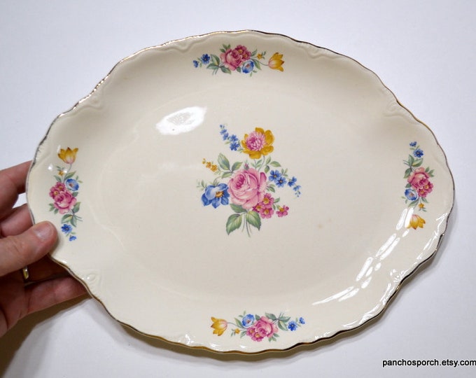 Vintage Floral Platter Oval Serving Platter Tray Multicolored Flowers ...