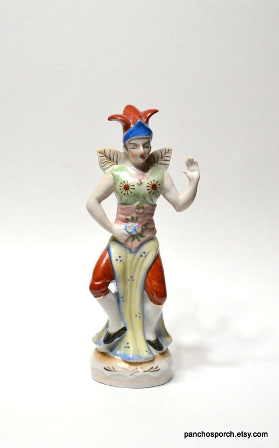 Vintage Asian Dancing Man Figurine Jester Hat Wings Robe Raised Hand ...