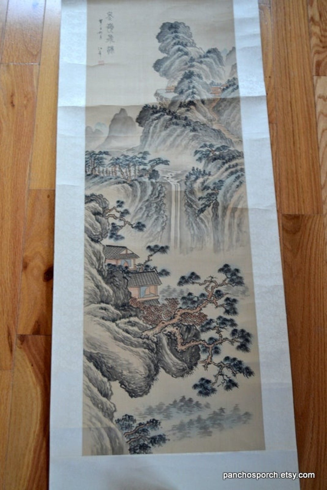 Vintage Asian Scroll Silk Painting Mountain Landscape Original Signed ...