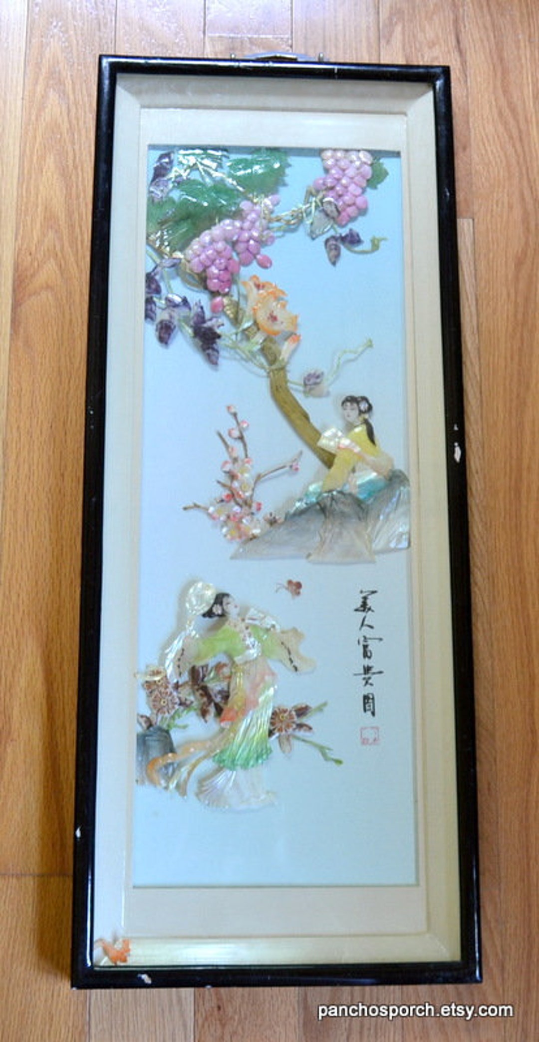 Vintage Asian Shell Art Geisha Framed Shadow Box Black Lacquer Frame ...