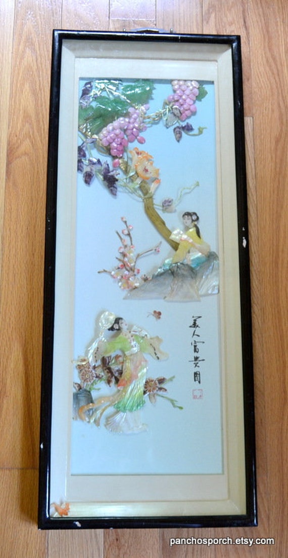 Vintage Asian Shell Art Geisha Framed Shadow Box Black Lacquer - Etsy