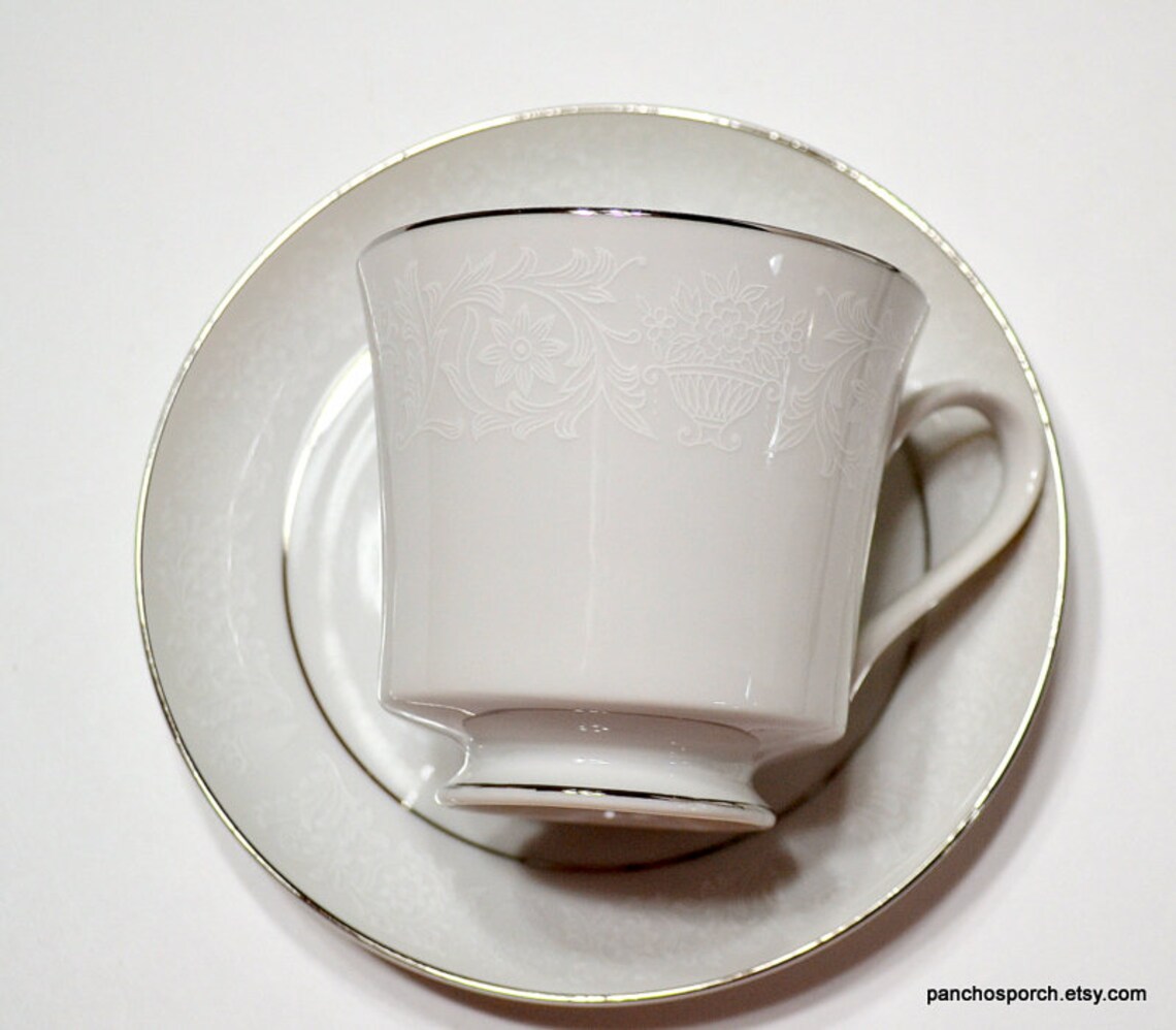 Vintage Crown Victoria Cup and Saucer Set: White Floral Platinum Rim ...