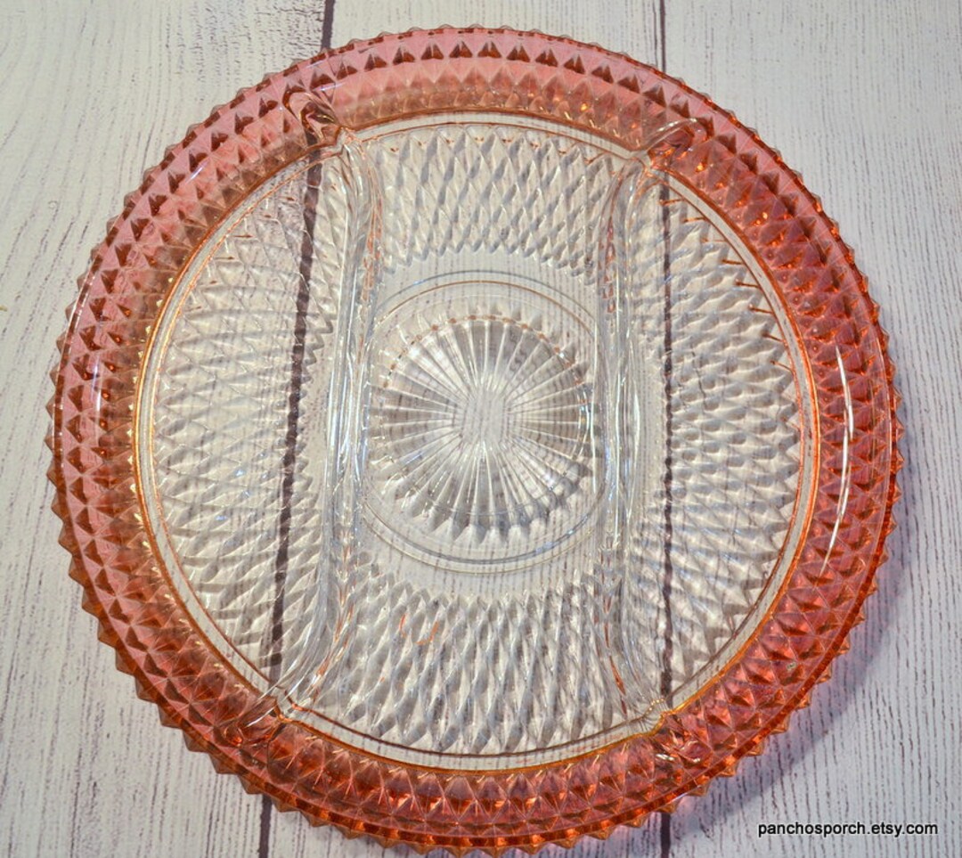 Vintage Cranberry Flash Glass Divided Platter Serving Tray Diamond Point Red Clear Round Glass ...