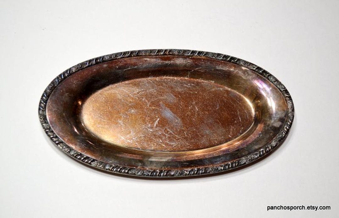 Vintage HENLEY Silver Plated Tray Tarnished Tudor Plate Oval Serving Dish Prop Display Oneida ...
