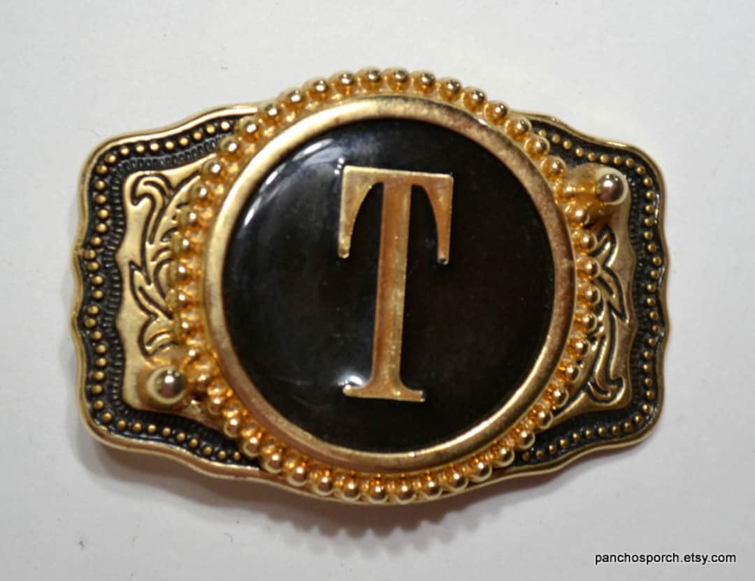 Vintage Monogram Belt Buckle T Gold Metal Black Medallion Buckle ...