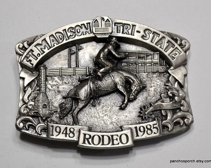 Vintage FORT MADISON Rodeo Belt Buckle 1985 Iowa Tri-state Bronco ...