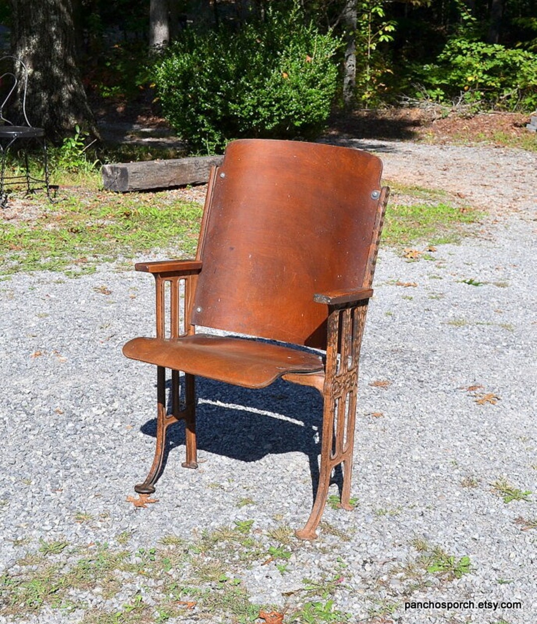 Vintage Wood Theater Chair Cast Iron Base Folding Wooden Seat Entryway ...