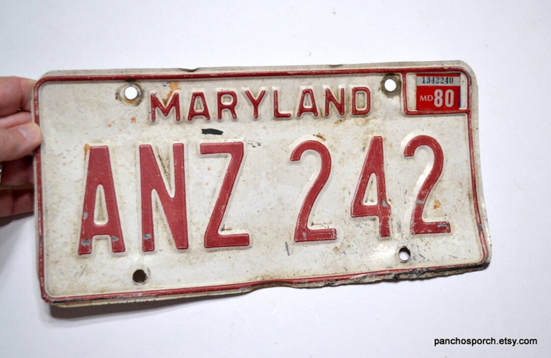 Vintage MARYLAND License Plate Original Tag 1980 Red White Metal Estate ...