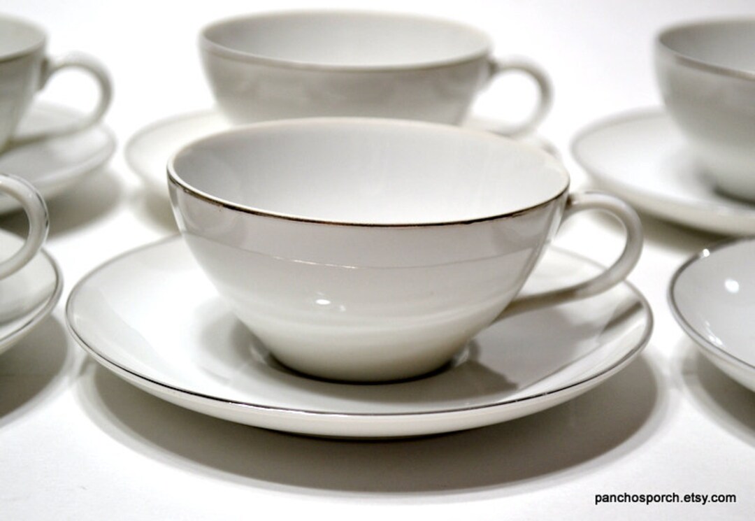 Vintage HARMONY HOUSE Simone Cup and Saucer Set of 6 White Silver Rim ...