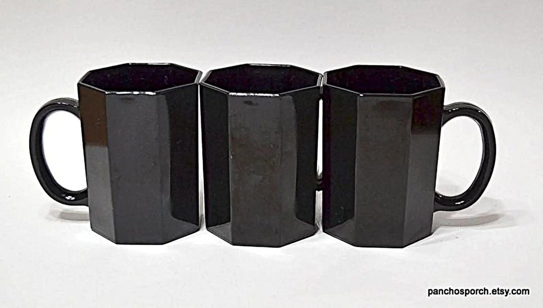 Vintage ARCOROC OCTIME Mug Set of 3 Black Glass Octagonal Shape Coffee ...