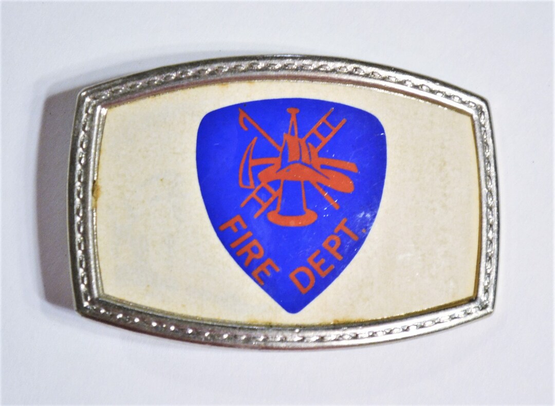 Vintage Fire Dept Buckle Silver Tone Metal Red White Blue Collectible ...