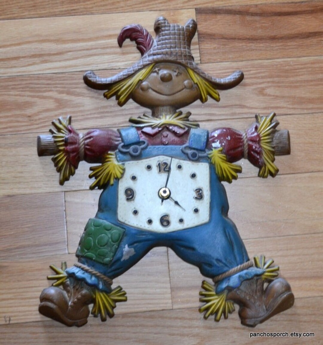 Vintage METAL Scarecrow Clock Patchwork Chippy Cast Metal Wall Clock ...