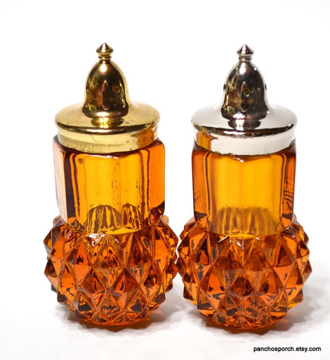 Vintage Diamond Point Amber Salt Pepper Shaker Set Gold Glass Shakers ...