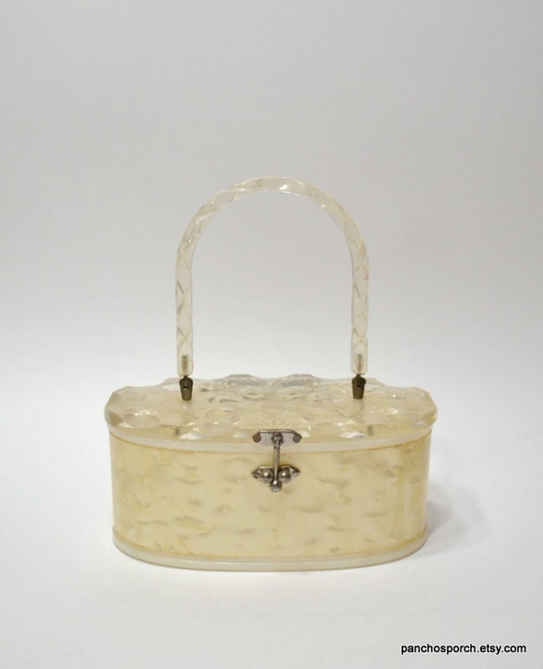Vintage Lucite BOX PURSE 1950s Creamy White Pearl Oval Handbag Clear ...