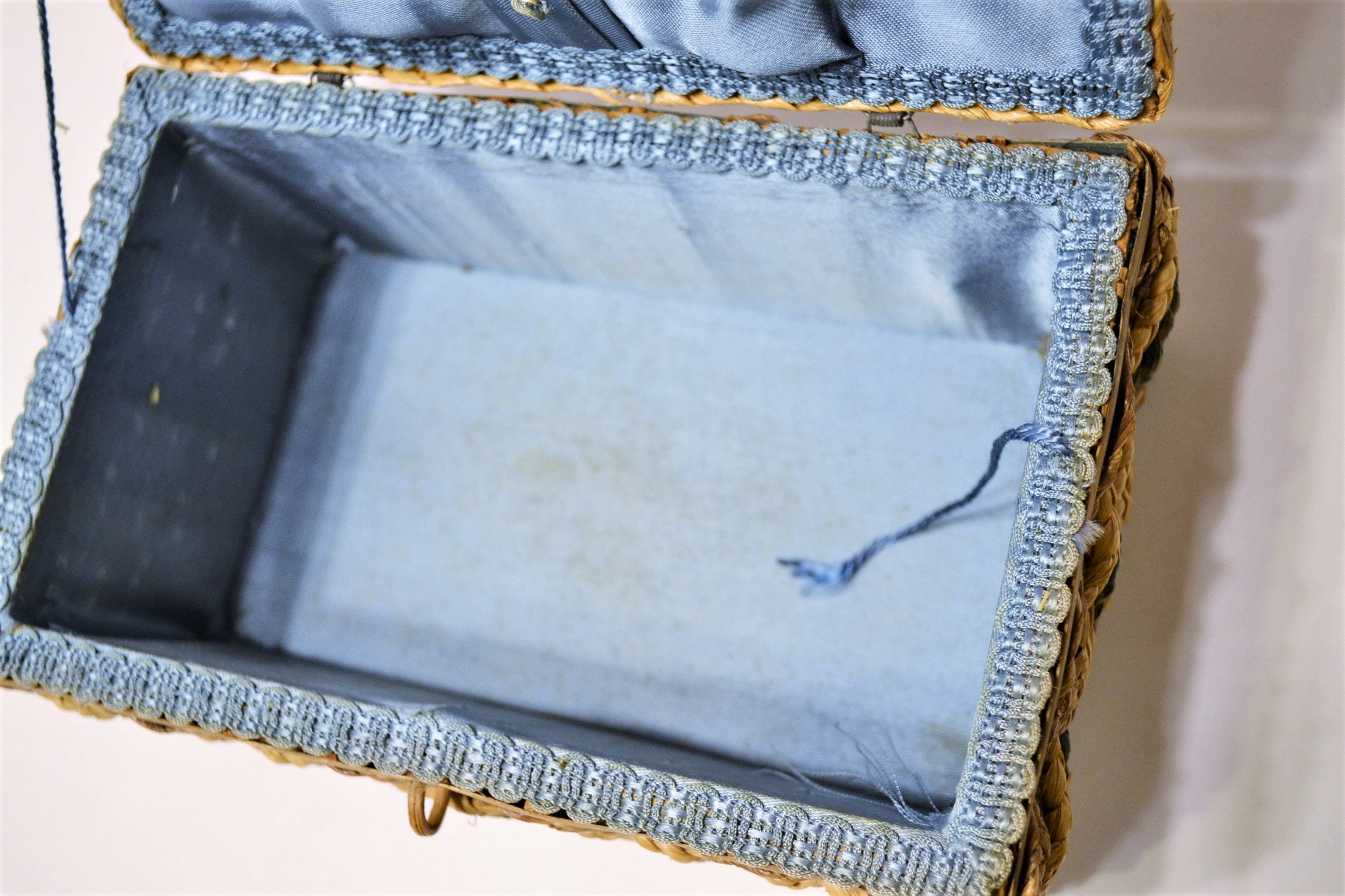 Vintage Woven Sewing Box With Hinged Lid Blue Satin Lining - Etsy