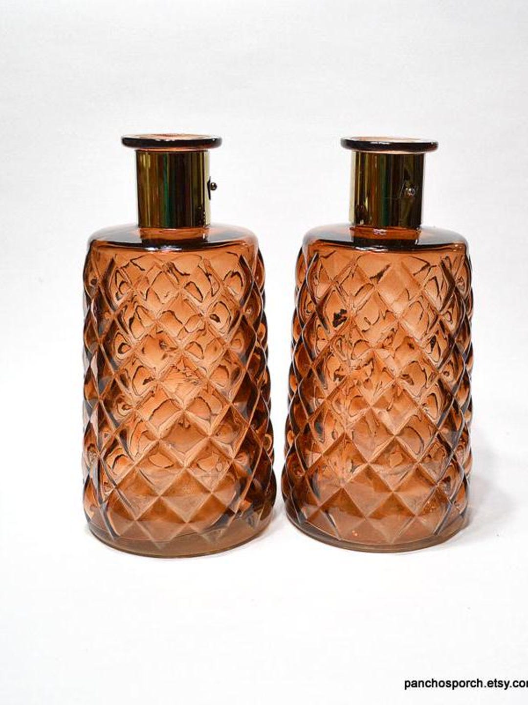 Vintage Brown Glass Vase Set of 2 Quilted Diamond Pattern Brass Trim ...