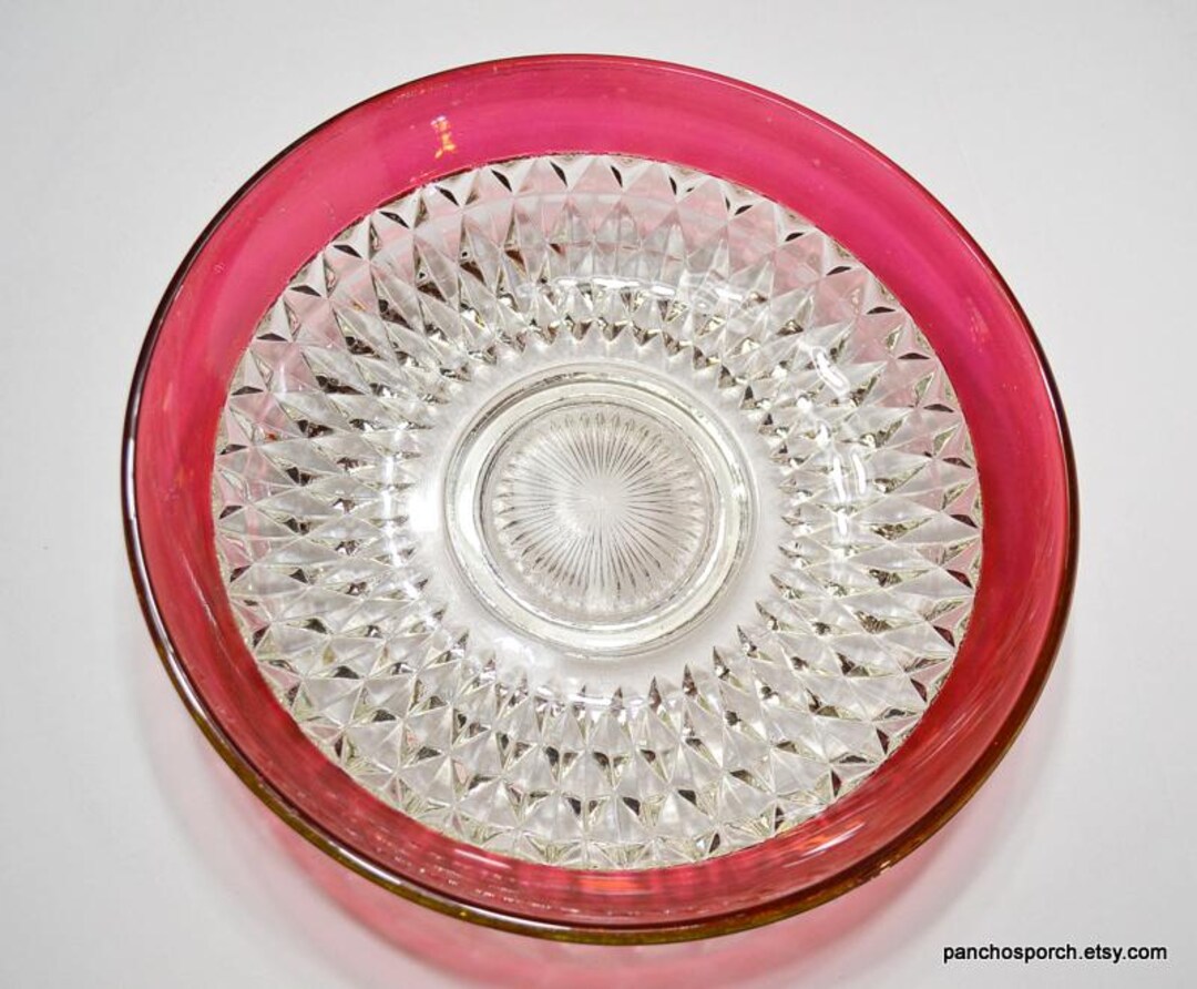 Vintage Ruby Red Flash Glass Bowl Large Shallow Glass Bowl Diamond ...