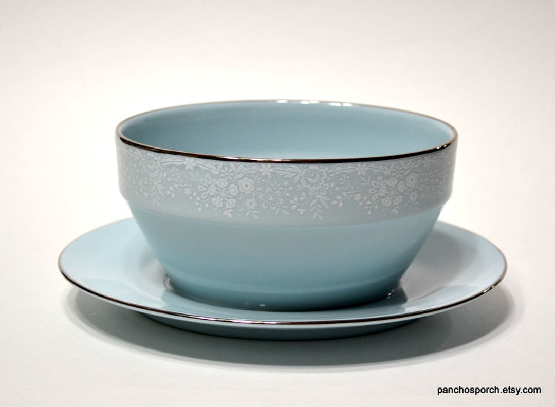 Vintage Noritake Fidelity Gravy Boat: Blue Floral Lace, Platinum Trim ...