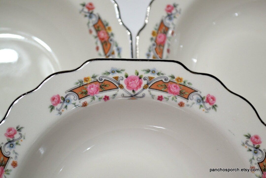 Vintage W S George Cereal Bowl Set of 5 Lido White Pink Floral Rose ...