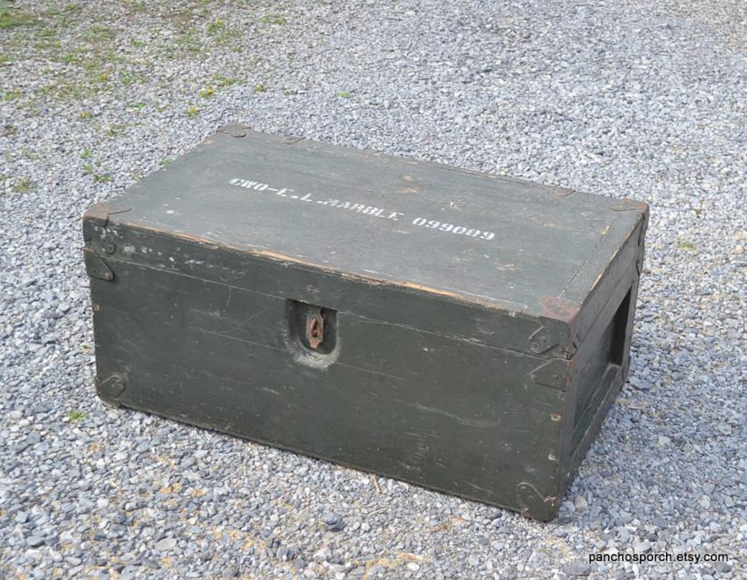 Vintage Military Trunk: Green Wooden Foot Locker, Rustic Storage - Etsy