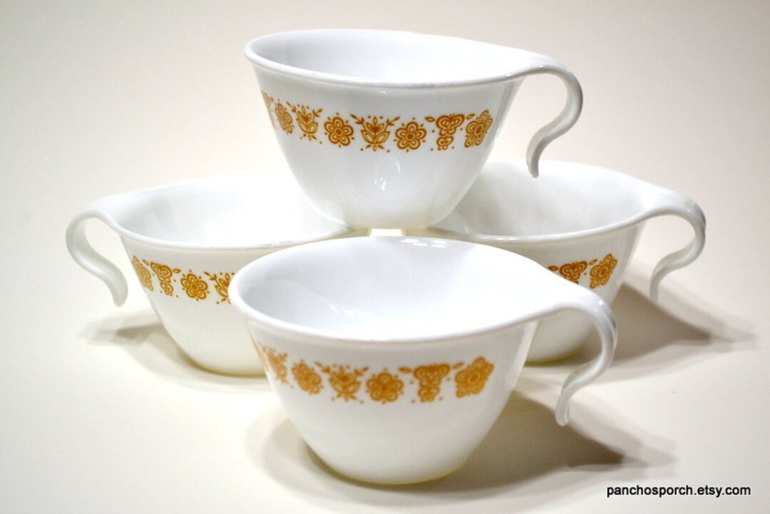 Vintage Corelle Butterfly Gold Cup Set of 4 Hook Handle Coffee Tea Cup ...