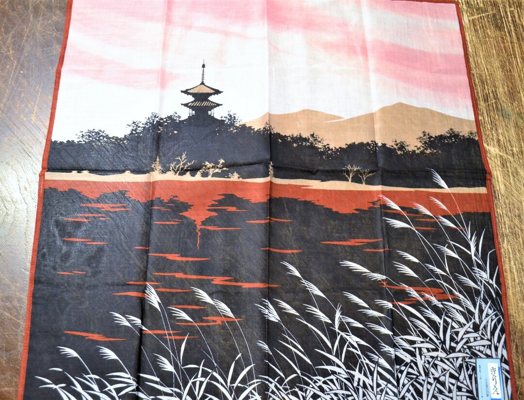Vintage Silk Scarf Japanese Landscape Pagoda Grasses Sunset Asian Theme ...