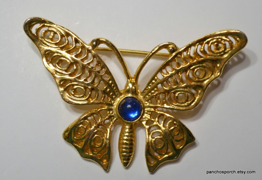 Vintage Butterfly Brooch Gold Tone Metal Blue Jewel Marked AAI Filigree ...