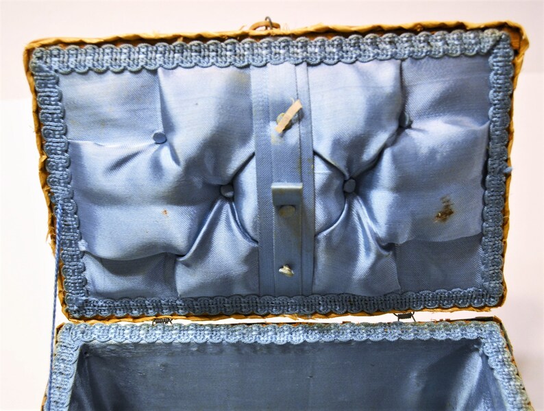 Vintage Woven Sewing Box With Hinged Lid Blue Satin Lining - Etsy