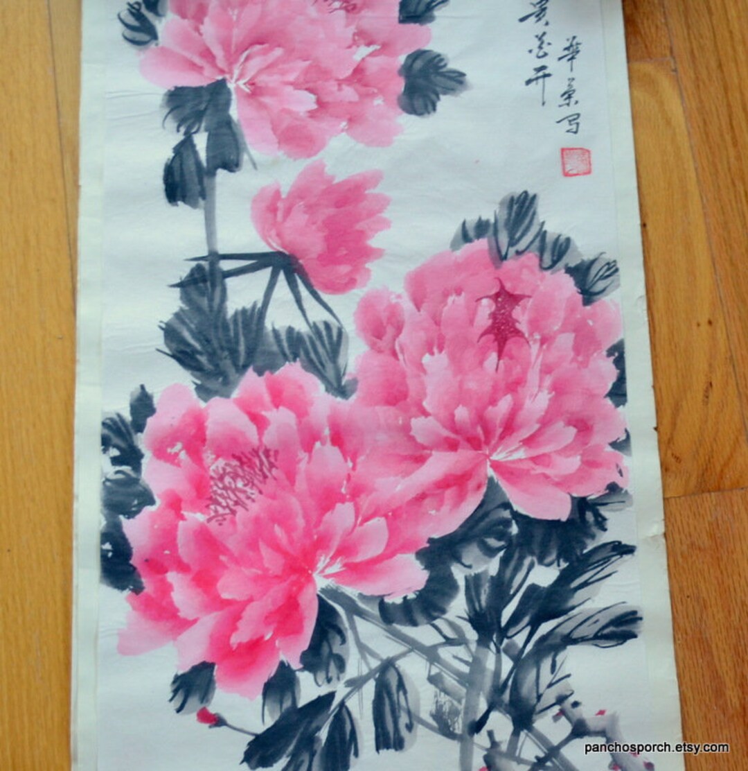 Vintage Asian Rice Paper Watercolor Painting Pink Peonies Original ...