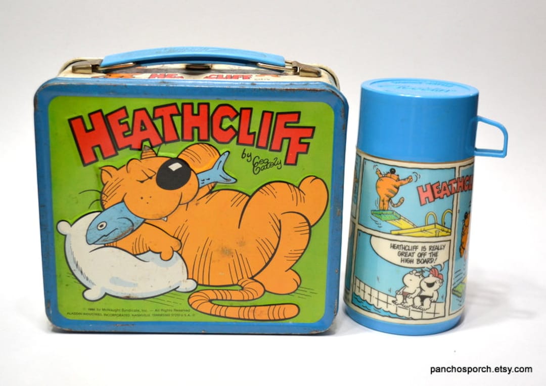 Vintage HEATHCLIFF Metal Lunch Box With Thermos 1982 Cartoon Comic Cat ...