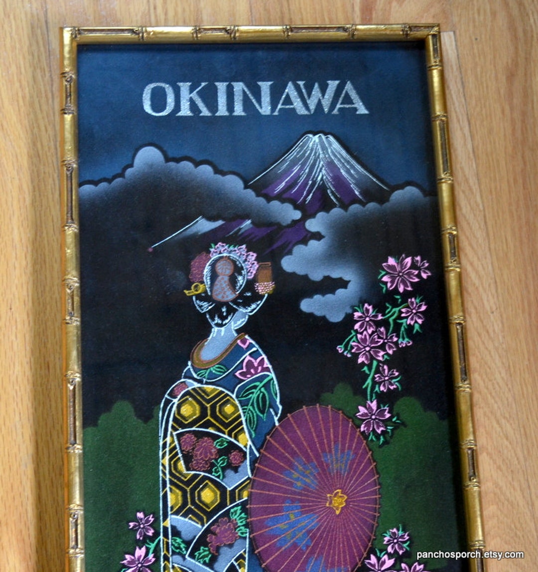Vintage OKINAWA Black Cloth Velvet Wall Hanging Geisha Pagoda Mountain ...