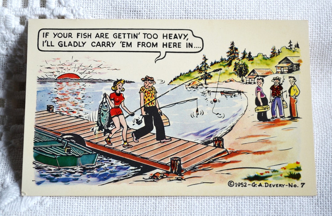 Vintage FISHING Post Card Funny Fish Story Man Woman Pier Postcard Fun ...