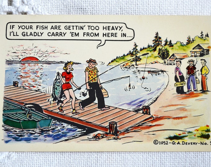 Vintage FISHING Post Card Funny Fish Story Man Woman Pier Postcard Fun ...