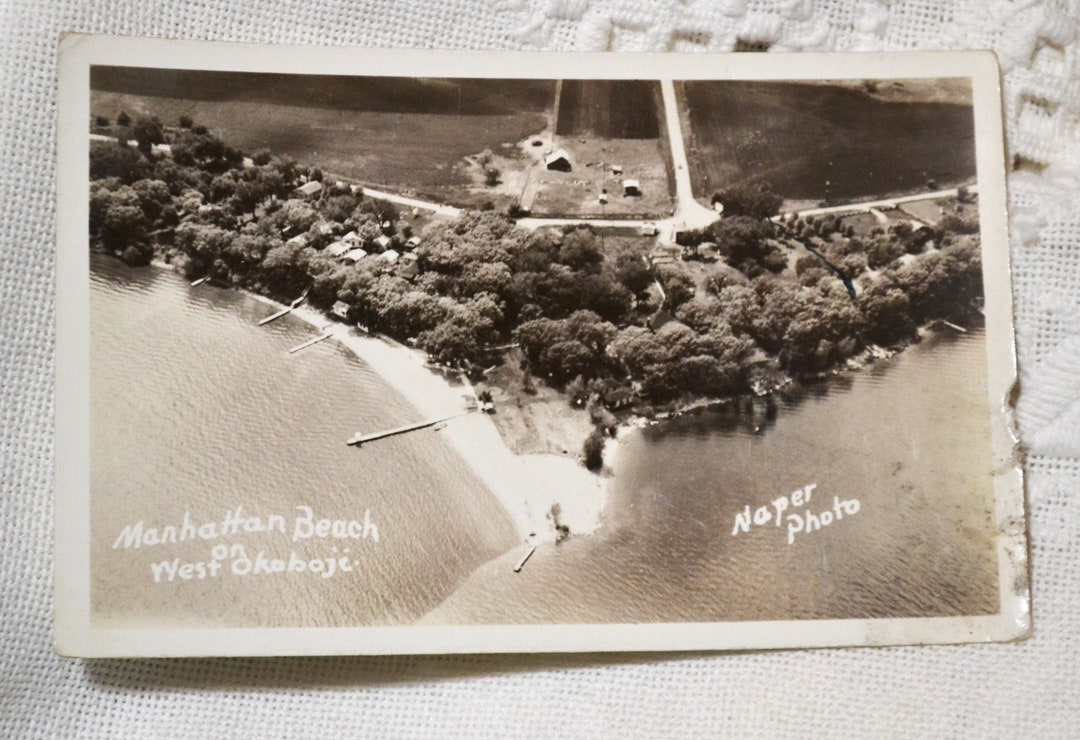 Vintage IOWA Postcard Manhattan Beach Aerial Photo Lake Okoboji ...