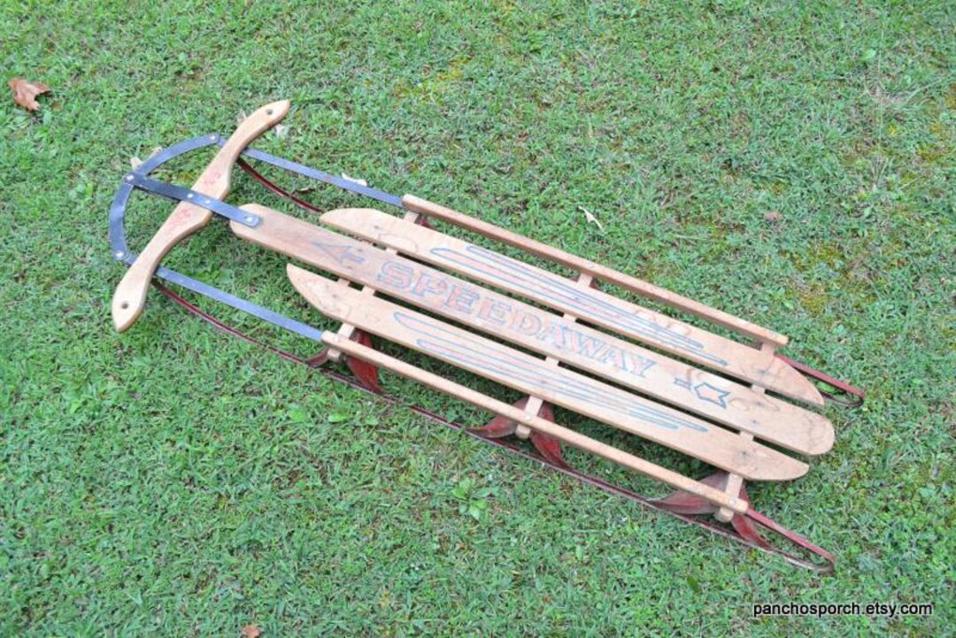 Vintage SPEEDAWAY Sled Wooden Snow Sled Large Kids Wood Sled Red Metal ...